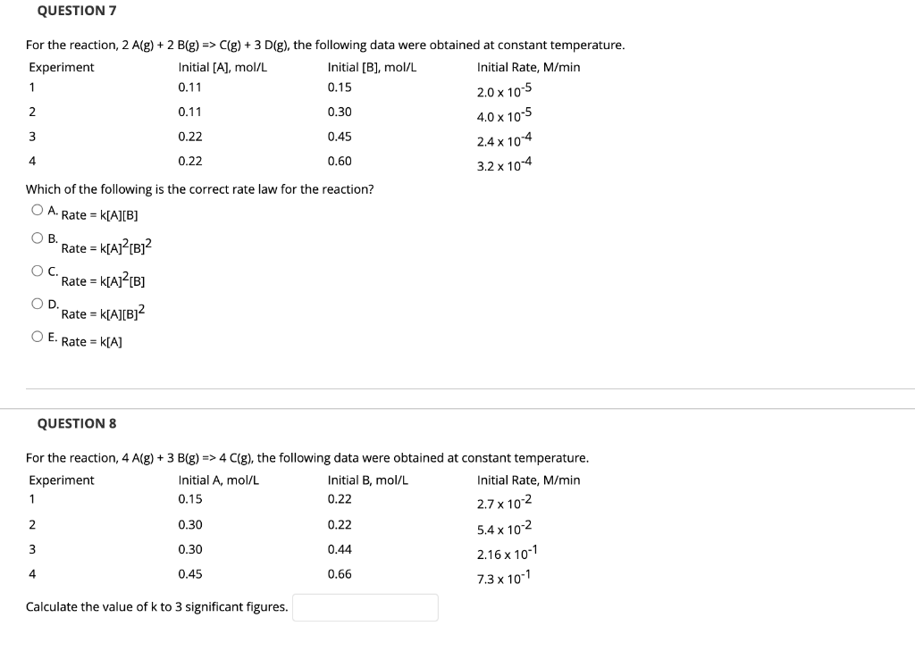 Solved QUESTION 7 For the reaction, 2 A(g) + 2 B(g) => C(g) | Chegg.com