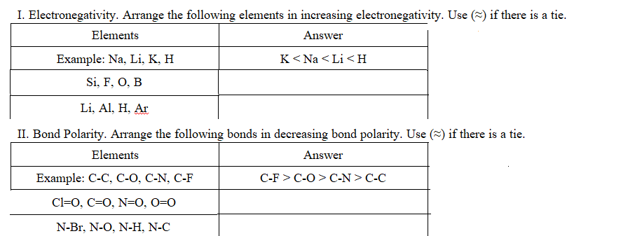 Solved I. Electronegativity. Arrange the following elements | Chegg.com