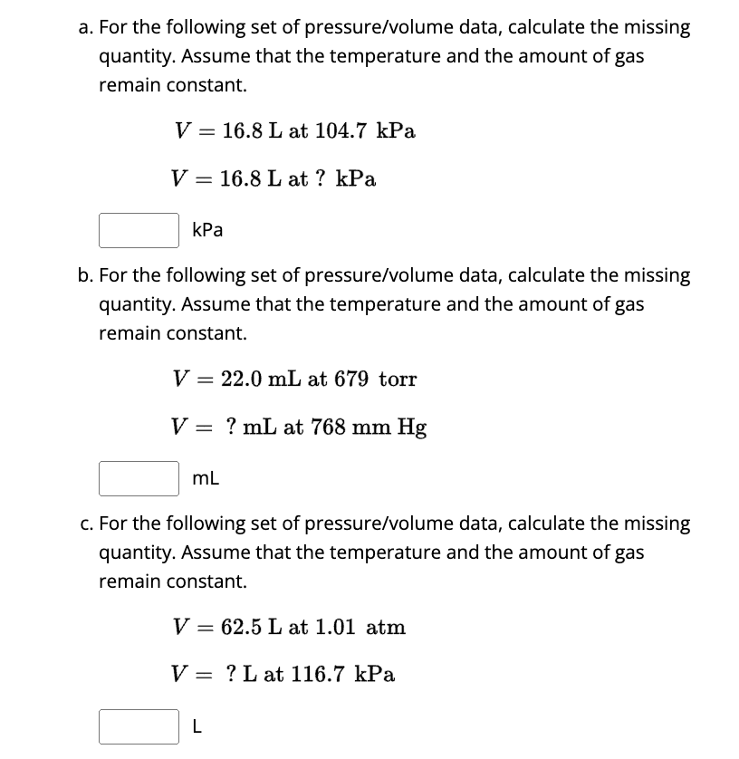 Solved a. ﻿For the following set of pressure/volume data, | Chegg.com