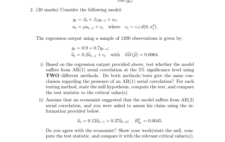 Solved 2. (30 marks) Consider the following model: | Chegg.com