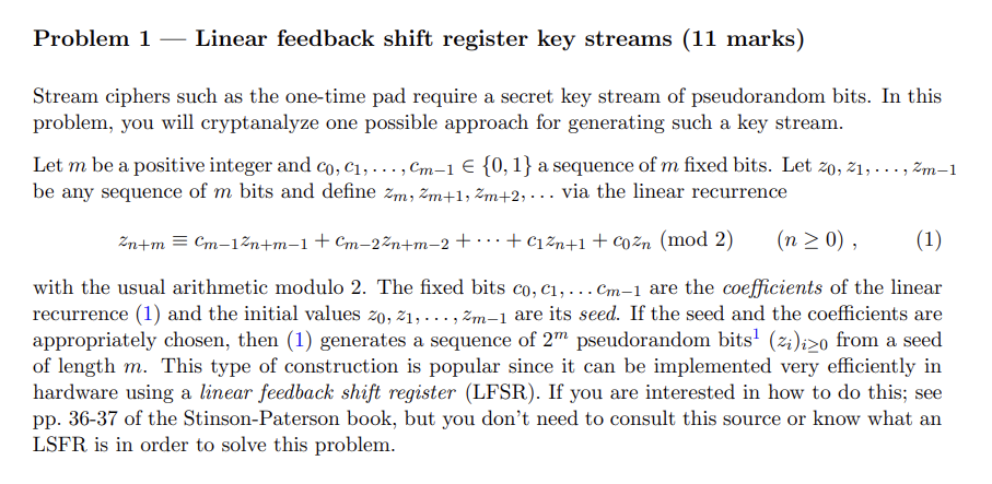 Solved Problem 1 - ﻿Linear feedback shift register key | Chegg.com