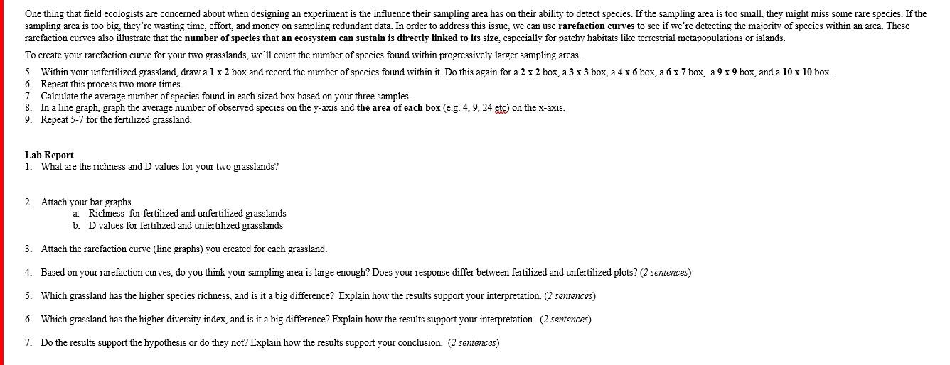 Lab 8. Estimating Biodiversity and Species-Area | Chegg.com