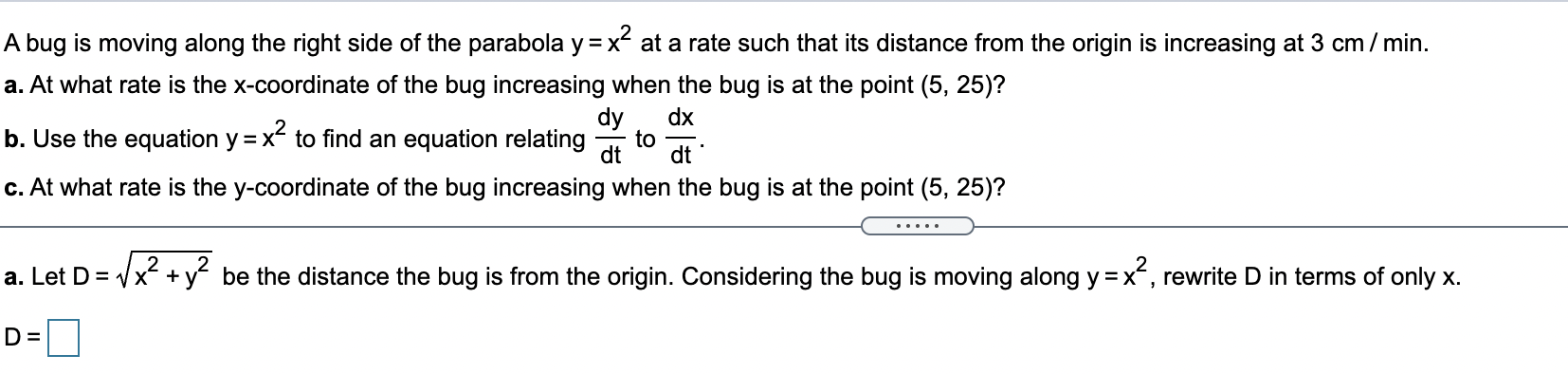 Solved A bug is moving along the right side of the parabola | Chegg.com