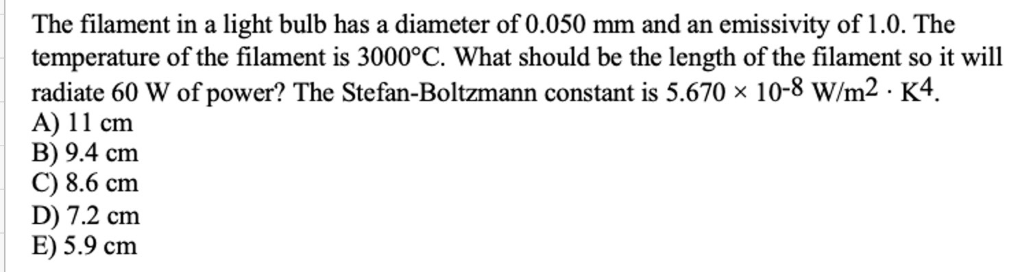 Solved The filament in a light bulb has a diameter of | Chegg.com