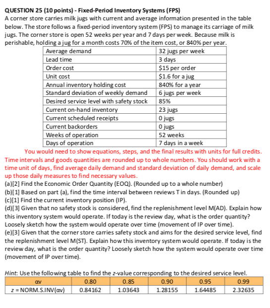 QUESTION 25 (10 points)- Fixed-Period Inventory | Chegg.com