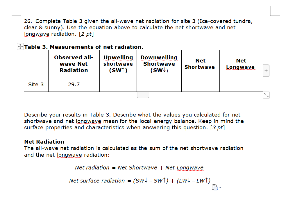 26. Complete Table 3 given the all-wave net radiation | Chegg.com