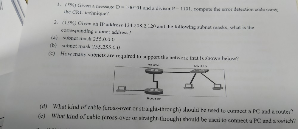 Solved 1 5 Given Message D 100101 Divisor P 1101 Compute Error Detection Code Using Crc
