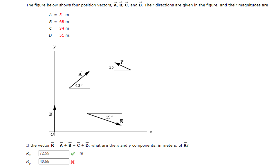 Solved A=51 mB=68 mC=34 mD=51 m If the vector R=A+B+C+D, | Chegg.com