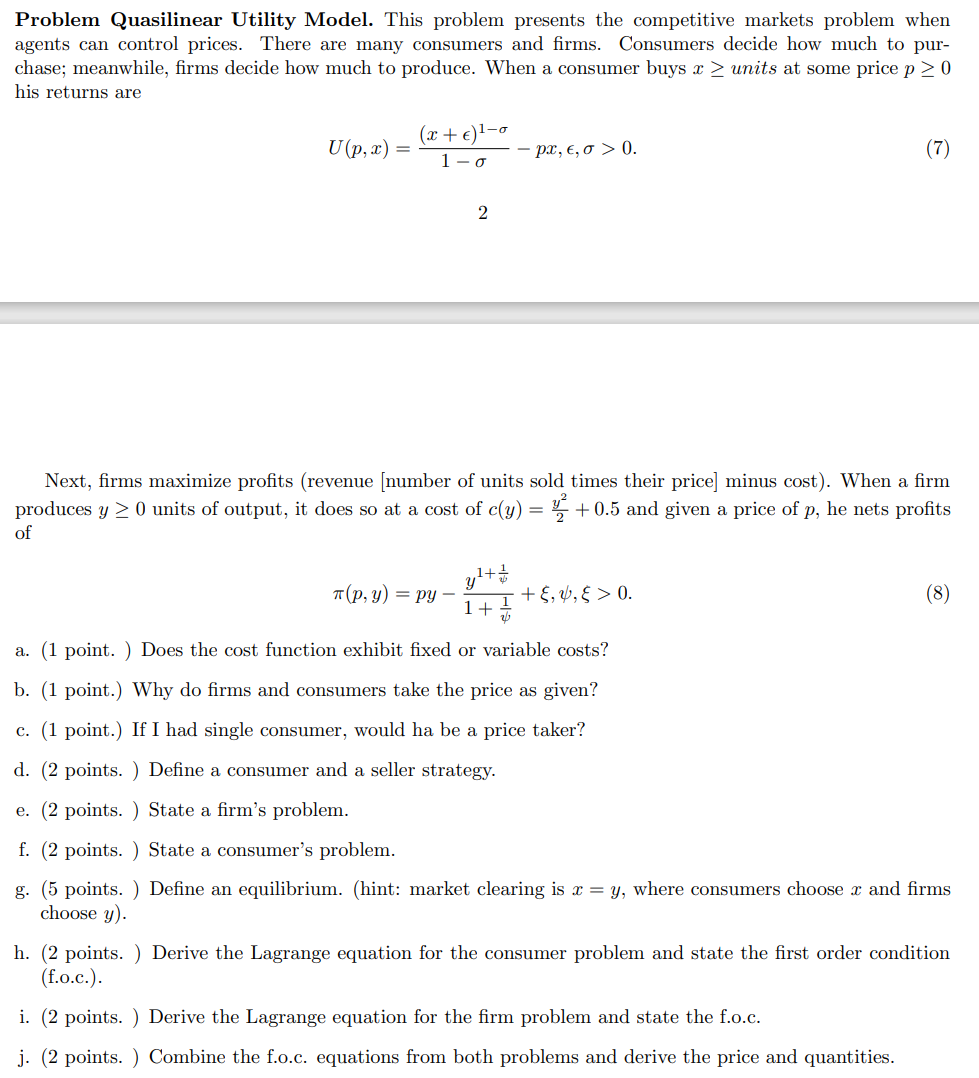 Solved Problem Quasilinear Utility Model. This problem | Chegg.com