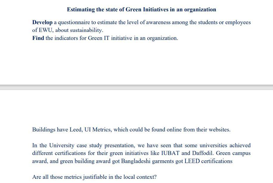 Solved Estimating the state of Green Initiatives in an | Chegg.com