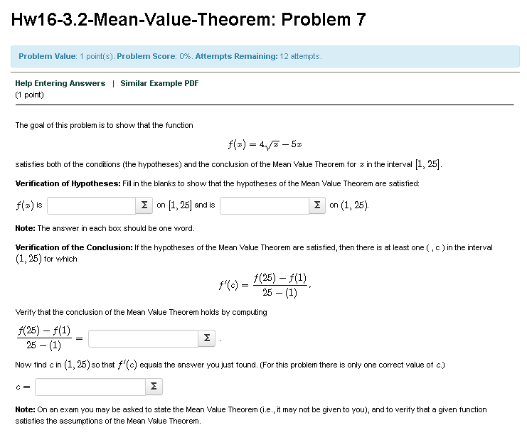 Solved Hw16-3.2-Mean Value-Theorem: Problem 7 Problem Value: | Chegg.com