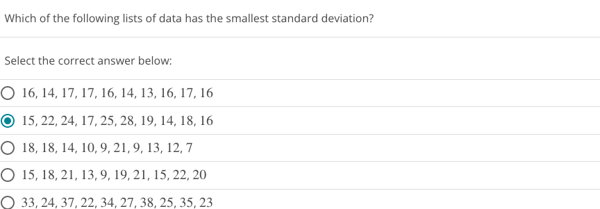 Solved Which of the following lists of data has the smallest | Chegg.com