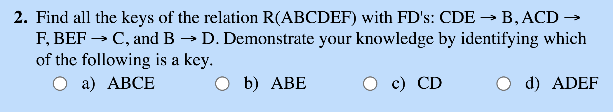 Solved 2. Find all the keys of the relation R(ABCDEF) with | Chegg.com
