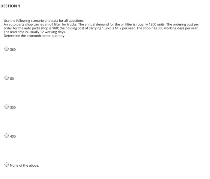 Solved UESTION 1 Use the following scenario and data for all | Chegg.com