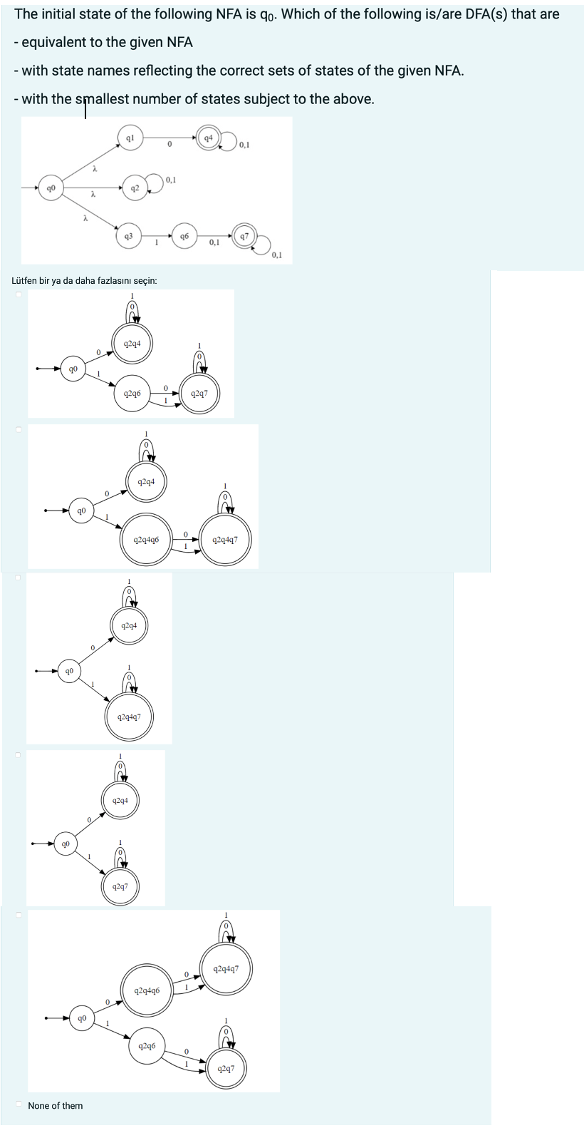 Solved The initial state of the following NFA is q0. Which | Chegg.com