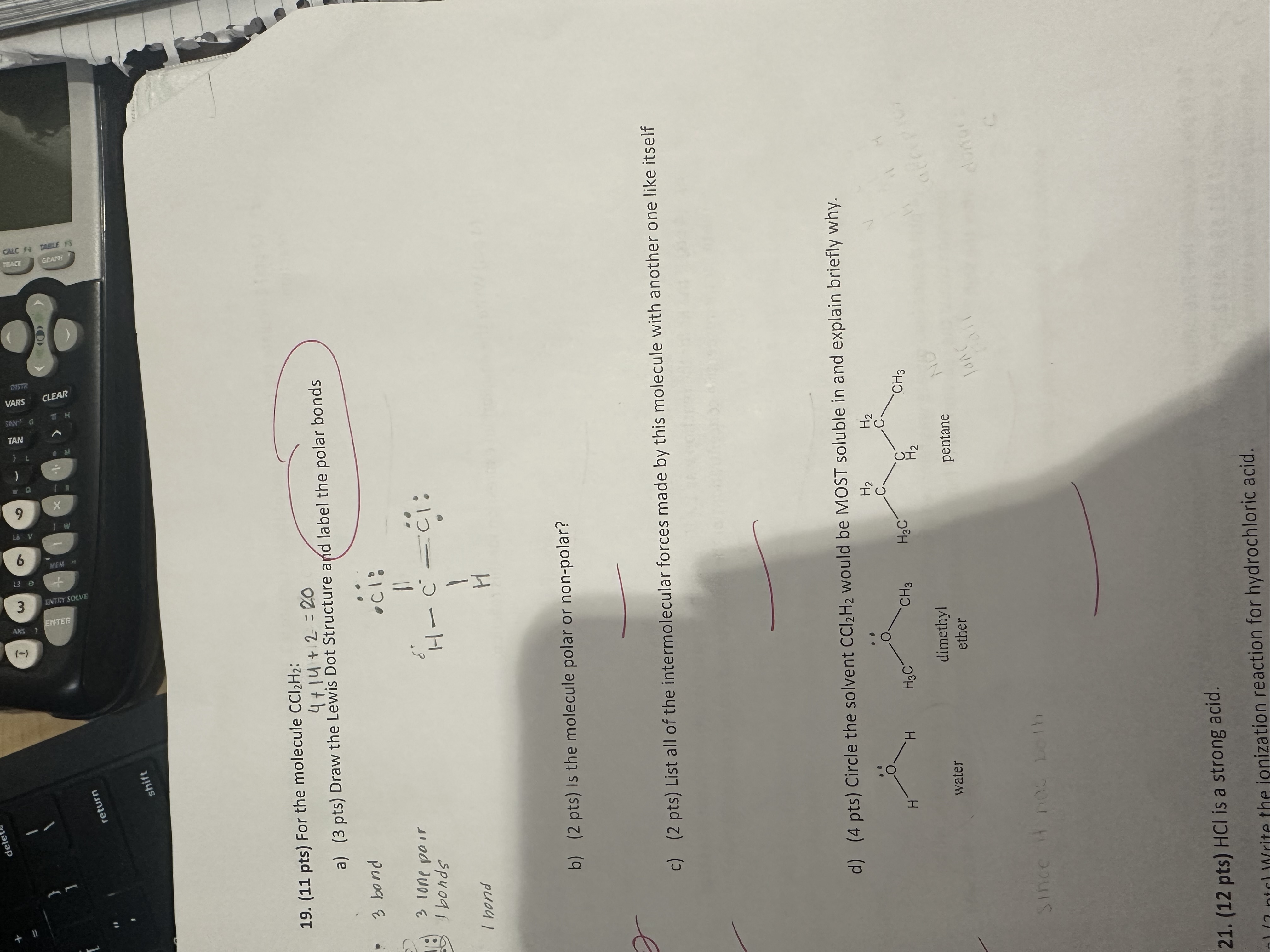 Solved 19. (11 pts) For the molecule CCl2H2 : 4+14+2=20 a) | Chegg.com