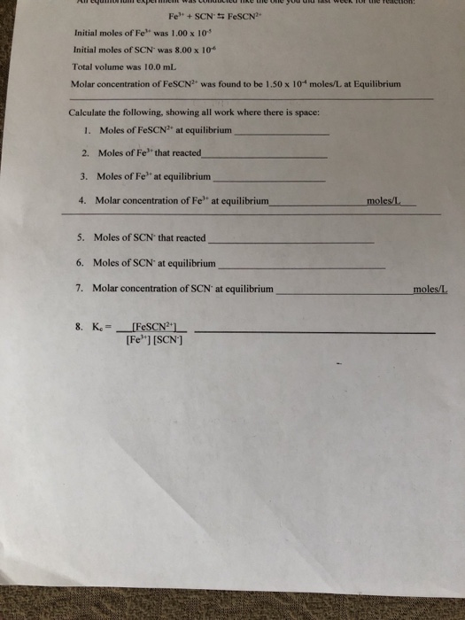 Solved Initial moles of Fe was 1.00 x 10 Initial moles of | Chegg.com