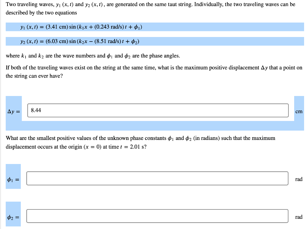 Solved Two traveling waves, yı (x, t) and y2 (x, t), are | Chegg.com