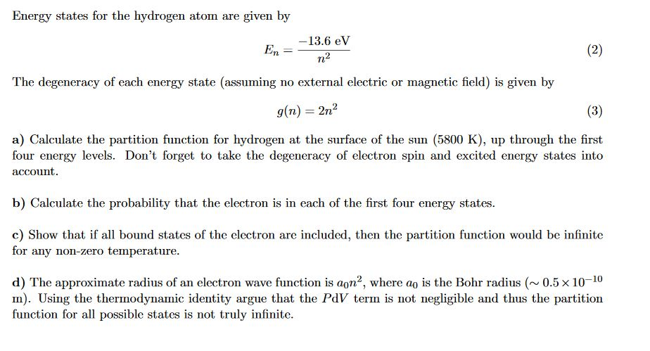 Solved Energy states for the hydrogen atom are given by | Chegg.com