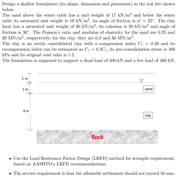 Solved Design a shallow foundation (its shape, dimension and | Chegg.com