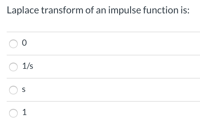 Solved Laplace transform of an impulse function is: 0 1/s 1 | Chegg.com