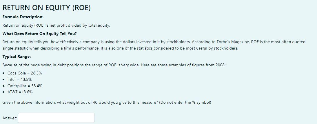 Solved RETURN ON EQUITY (ROE) Formula Description: Return on | Chegg.com