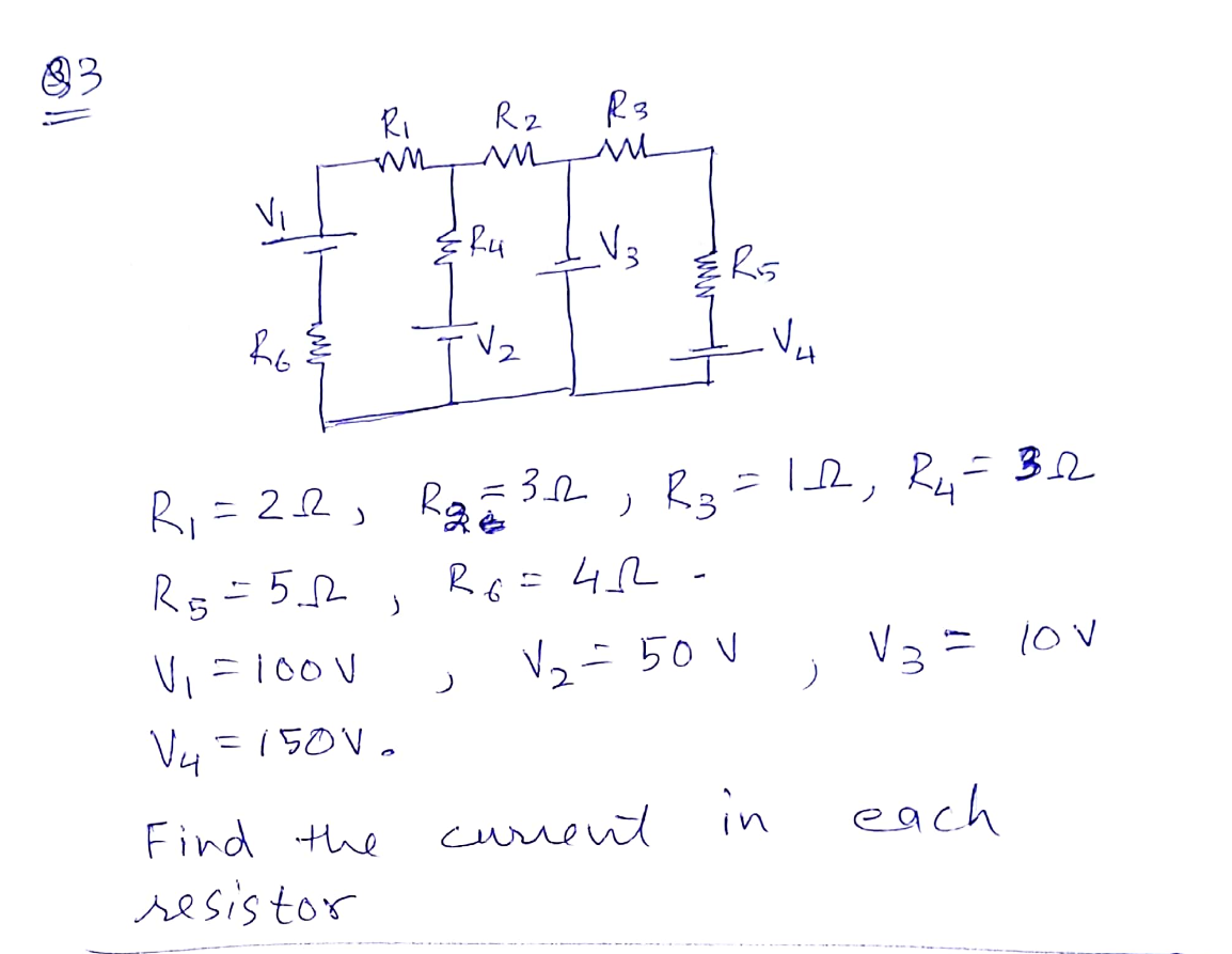 Solved R1=2Ω,R2=3Ω,R3=1Ω,R4=3ΩR5=5Ω,R6=4Ω.V1=100 V,V2=50 | Chegg.com
