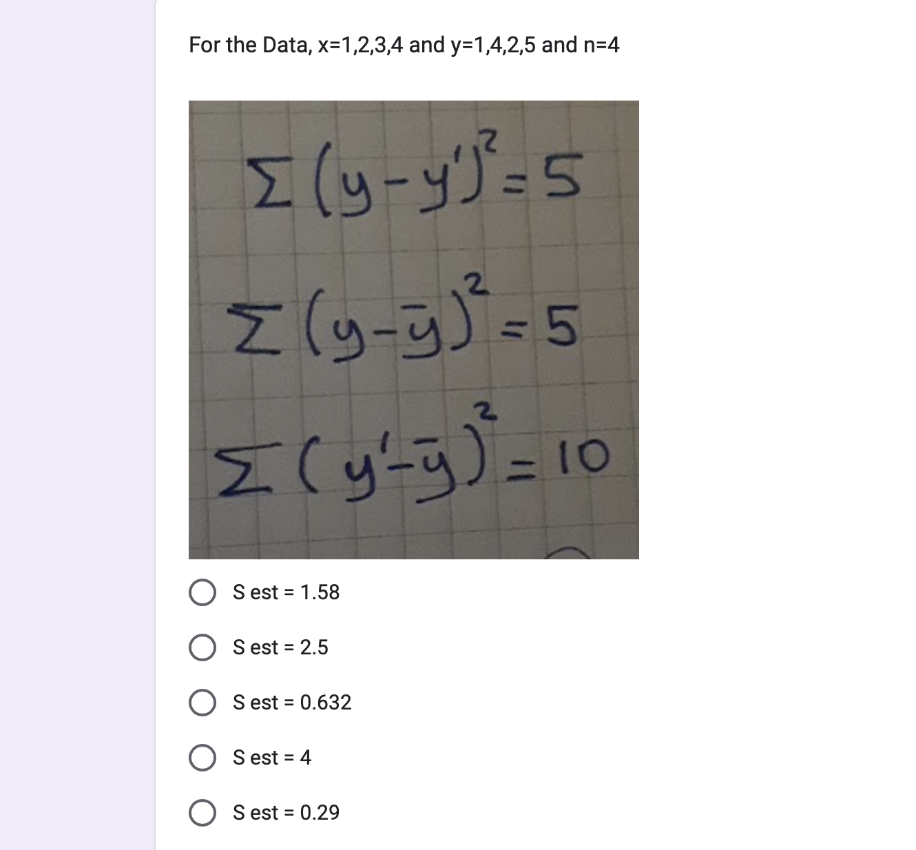 Solved For the Data, x=1,2,3,4 and y=1,4,2,5 and n= | Chegg.com