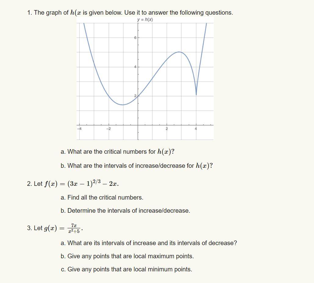 Solved 1. The graph of h(x is given below. Use it to answer | Chegg.com