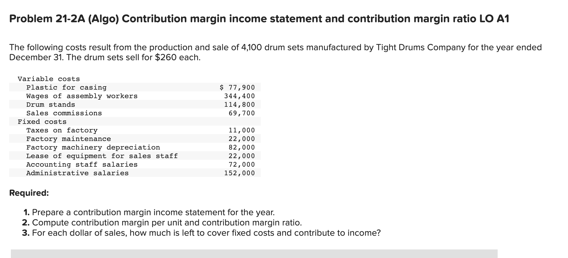 Solved Problem 21-2A (Algo) Contribution margin income | Chegg.com