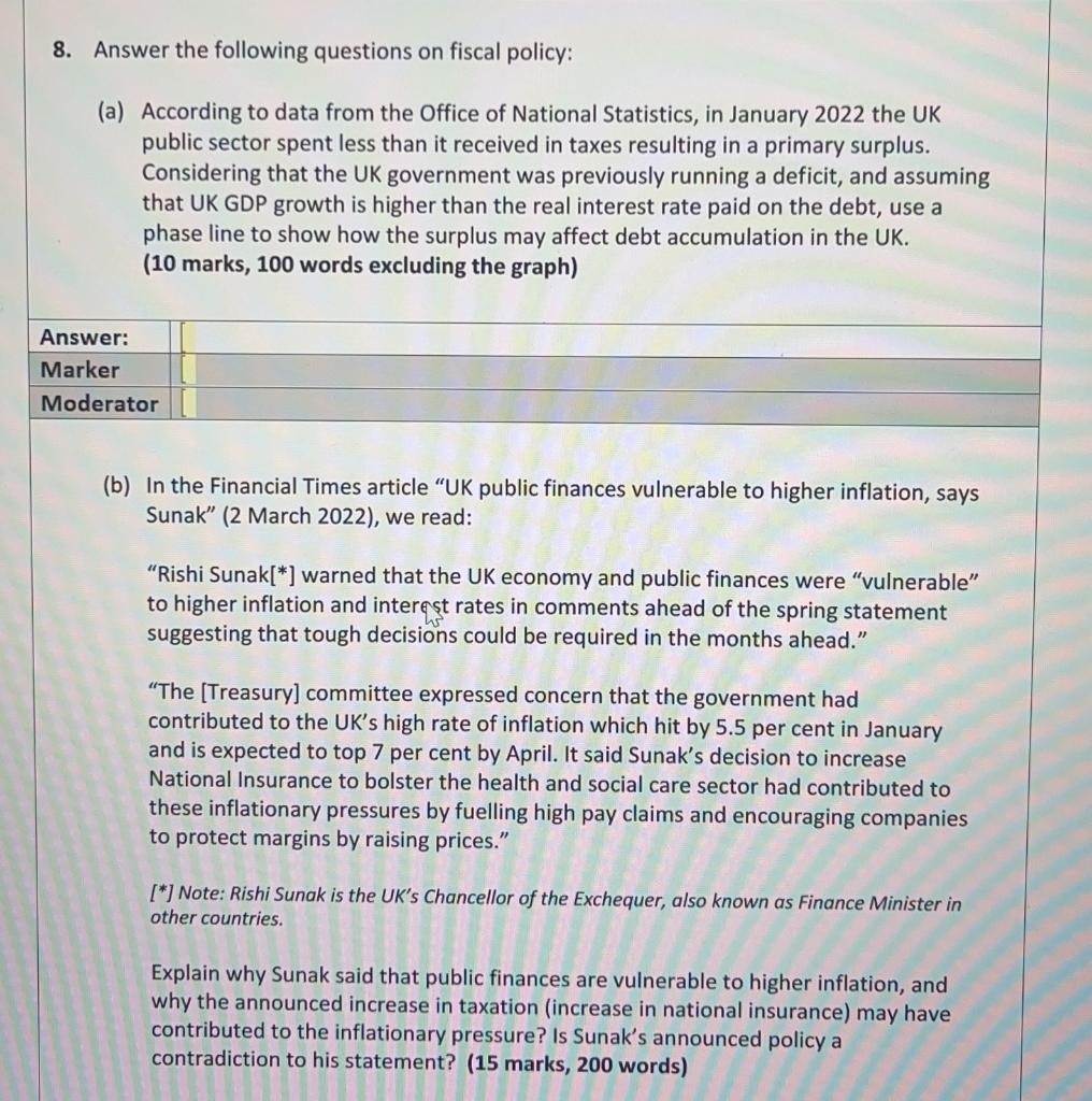 Solved 8. Answer the following questions on fiscal policy: | Chegg.com