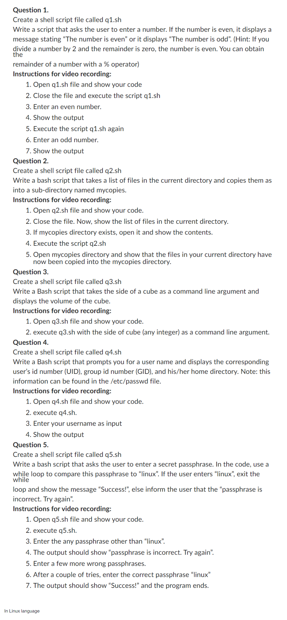 Solved Question 1. Create a shell script file called q1.sh | Chegg.com