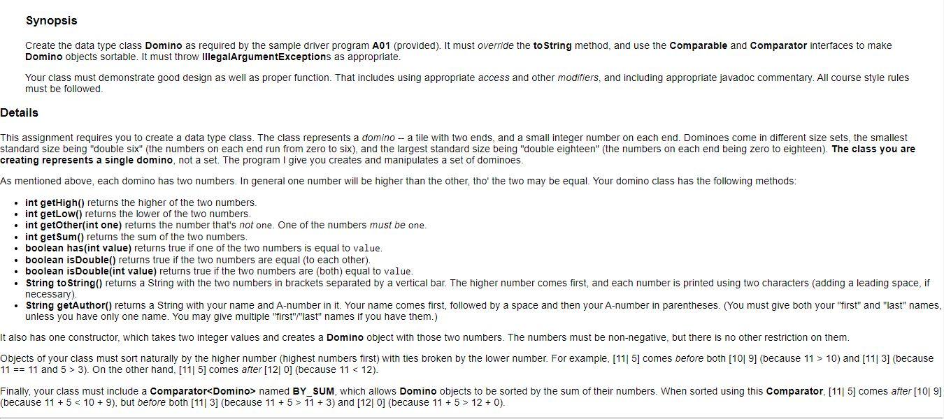 Solved Synopsis Domino objects sortable. It must throw | Chegg.com