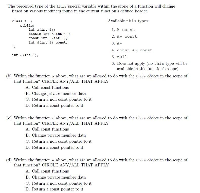 Solved The perceived type of the this special variable | Chegg.com