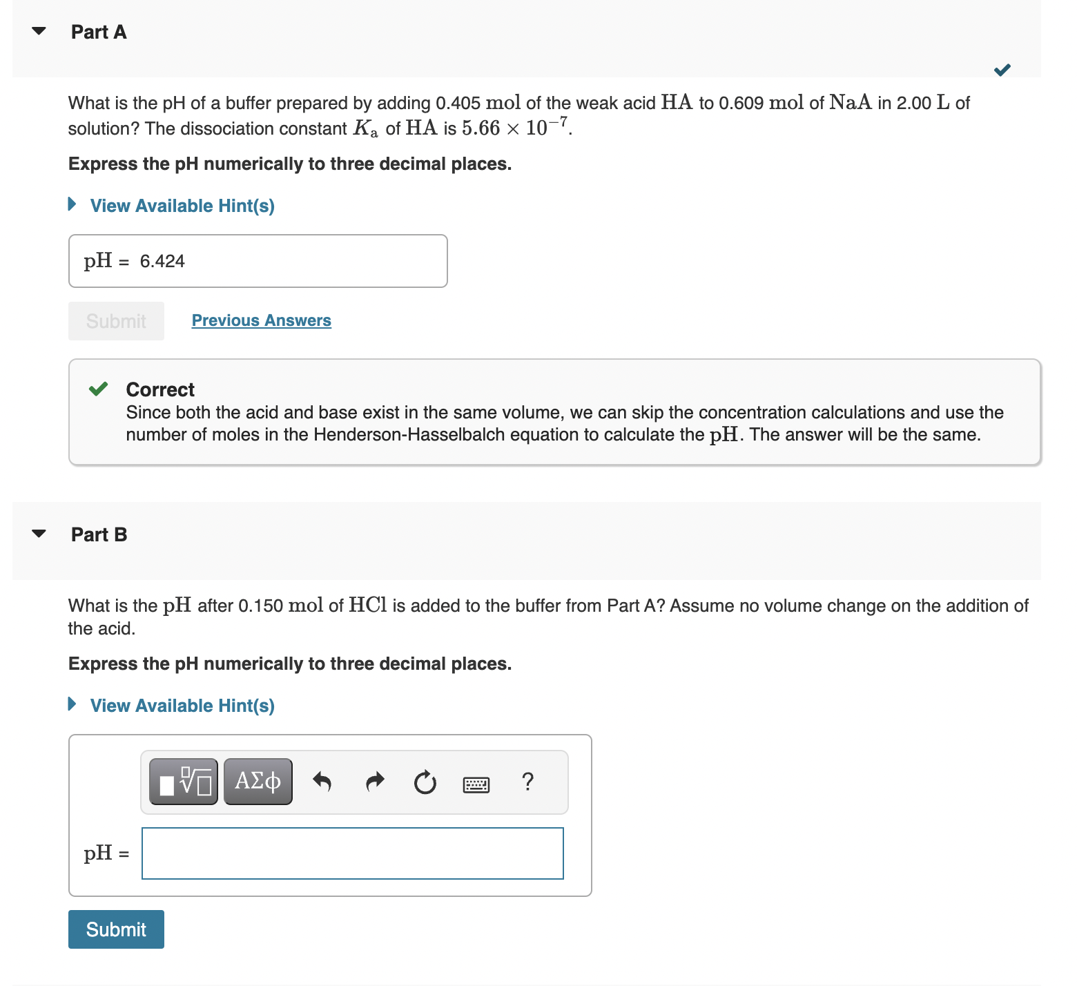 Solved What is the pH of a buffer prepared by adding 0.405 | Chegg.com