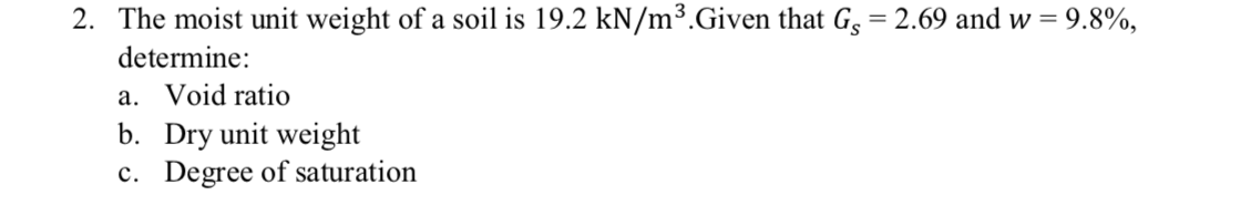Solved 2. The moist unit weight of a soil is 19.2 | Chegg.com