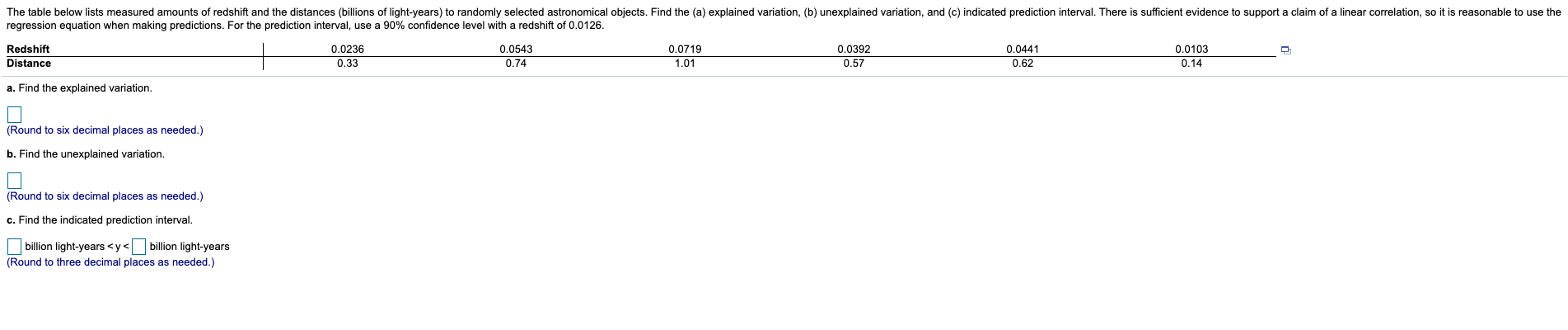Solved The table below lists measured amounts of redshift | Chegg.com