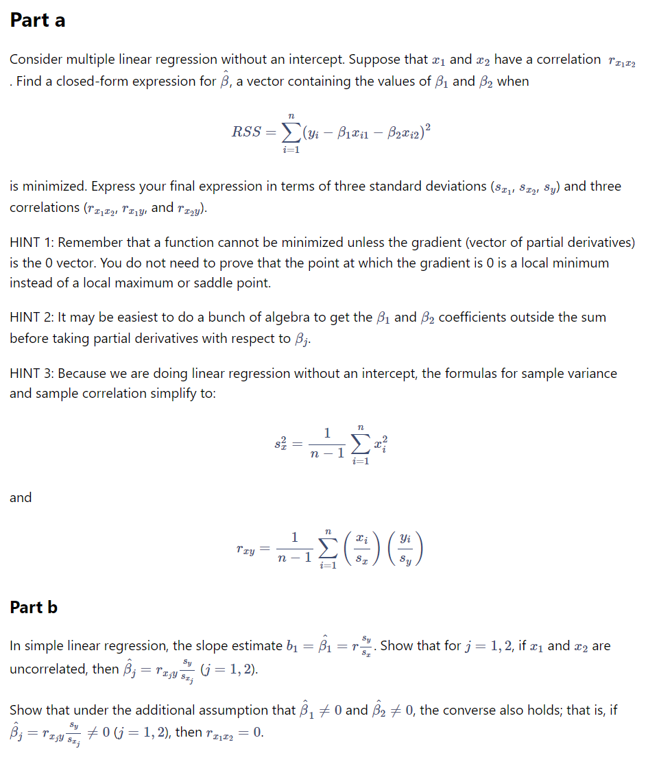 Solved Consider multiple linear regression without an | Chegg.com