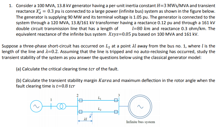 Solved 1. Consider a 100 MVA, 13.8 kV generator having a | Chegg.com
