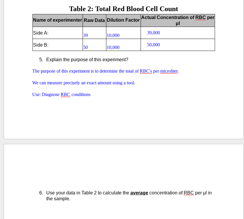 Solved Table 2: Total Red Blood Cell Count Name of | Chegg.com