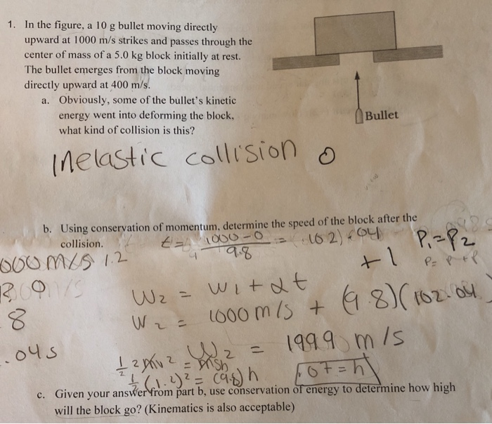 Solved 1. In the figure, a 10 g bullet moving directly | Chegg.com