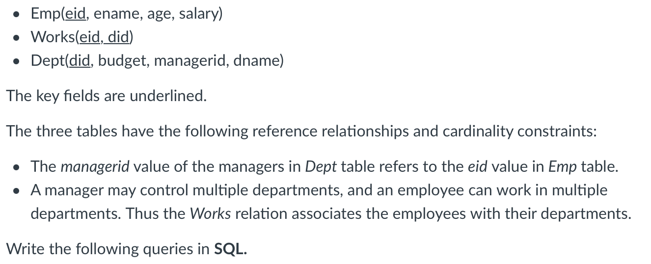 Solved - Emp(eid, ename, age, salary) - Works(eid, did) - | Chegg.com