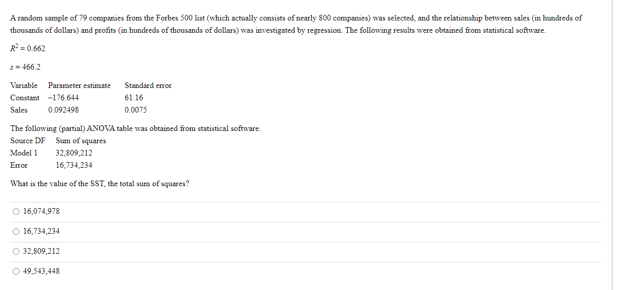 Solved A random sample of 79 companies from the Forbes 500 | Chegg.com