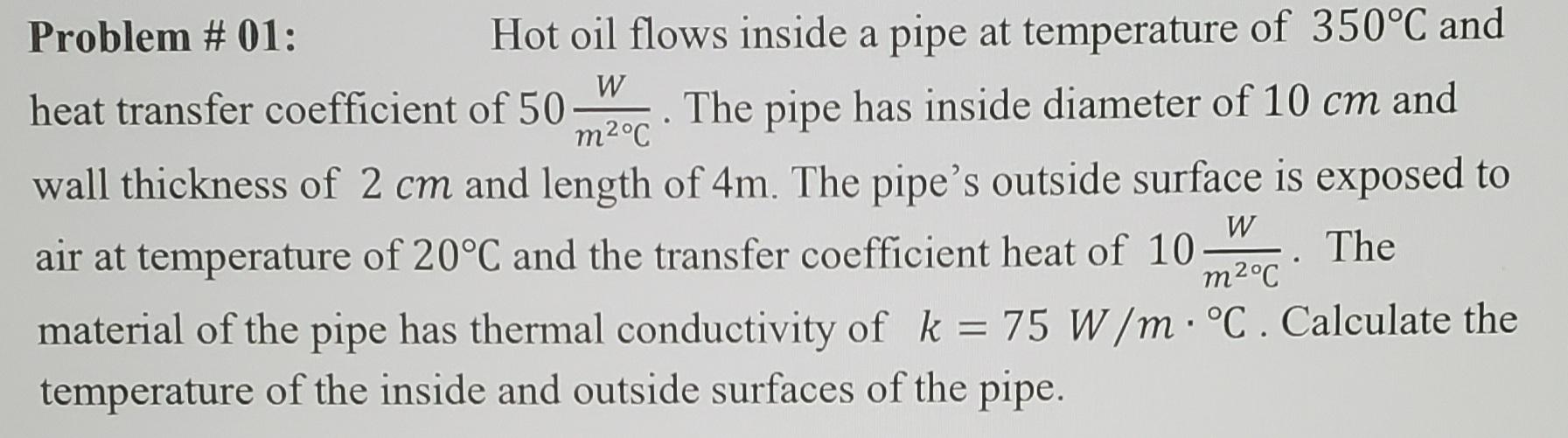 Solved W Problem # 01: Hot oil flows inside a pipe at | Chegg.com