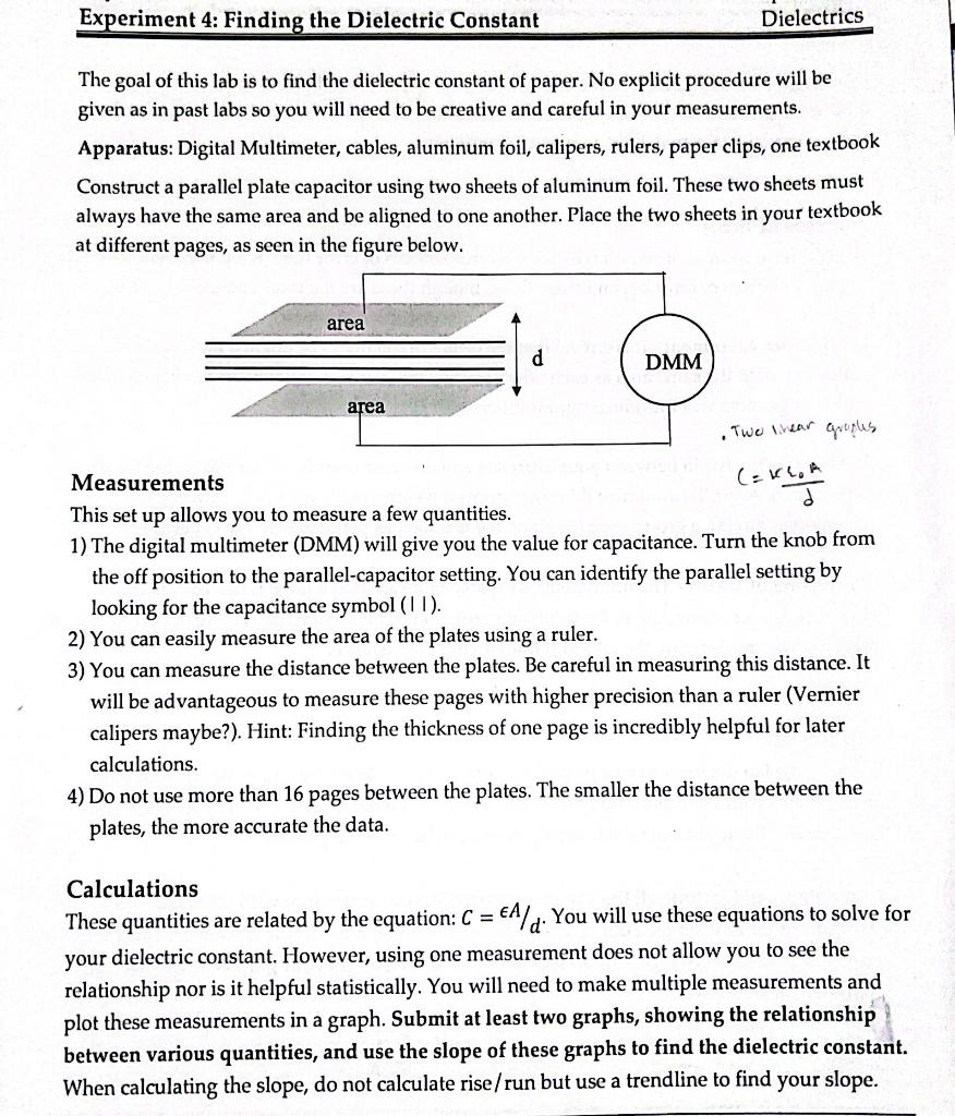 Solved Experiment 4 Finding The Dielectric Constant 