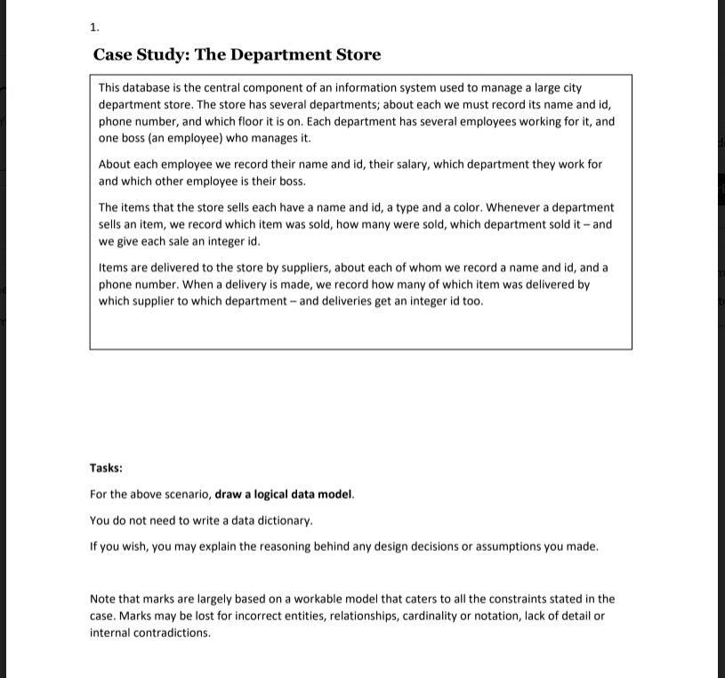 Solved 1. Case Study: The Department Store This database is | Chegg.com
