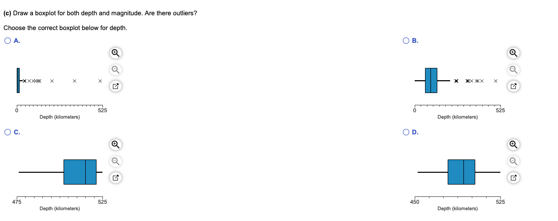 Solved Are there outliers? A. Yes; the boxplot for depth | Chegg.com