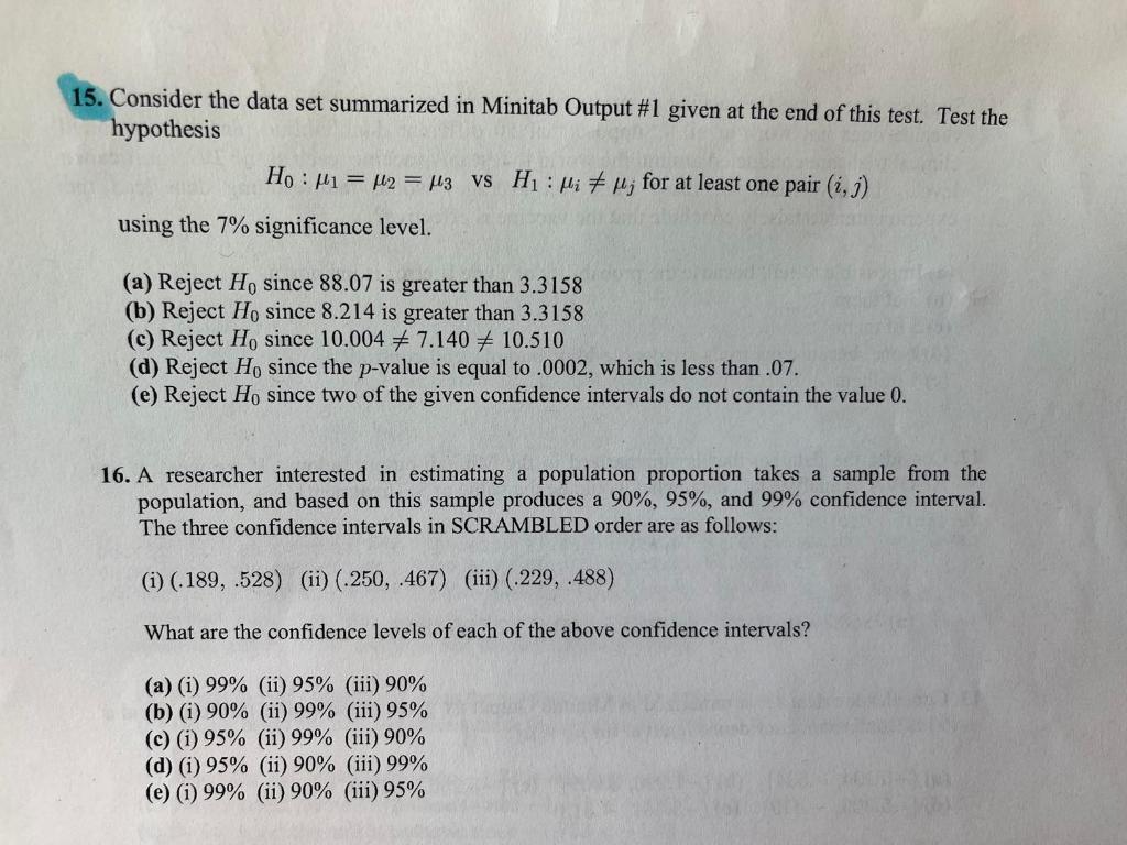 Solved 15. Consider the data set summarized in Minitab | Chegg.com