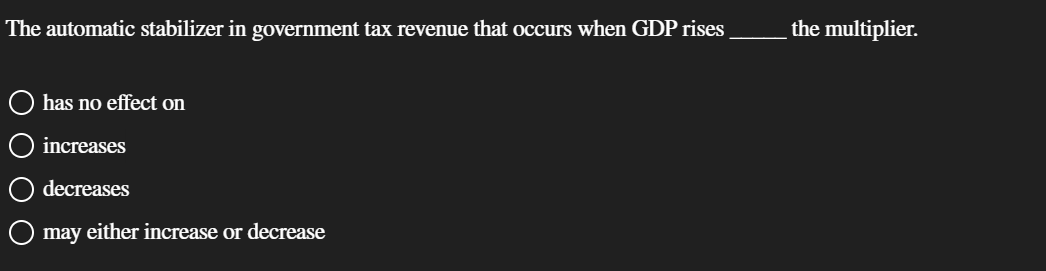 Solved The automatic stabilizer in government tax revenue | Chegg.com