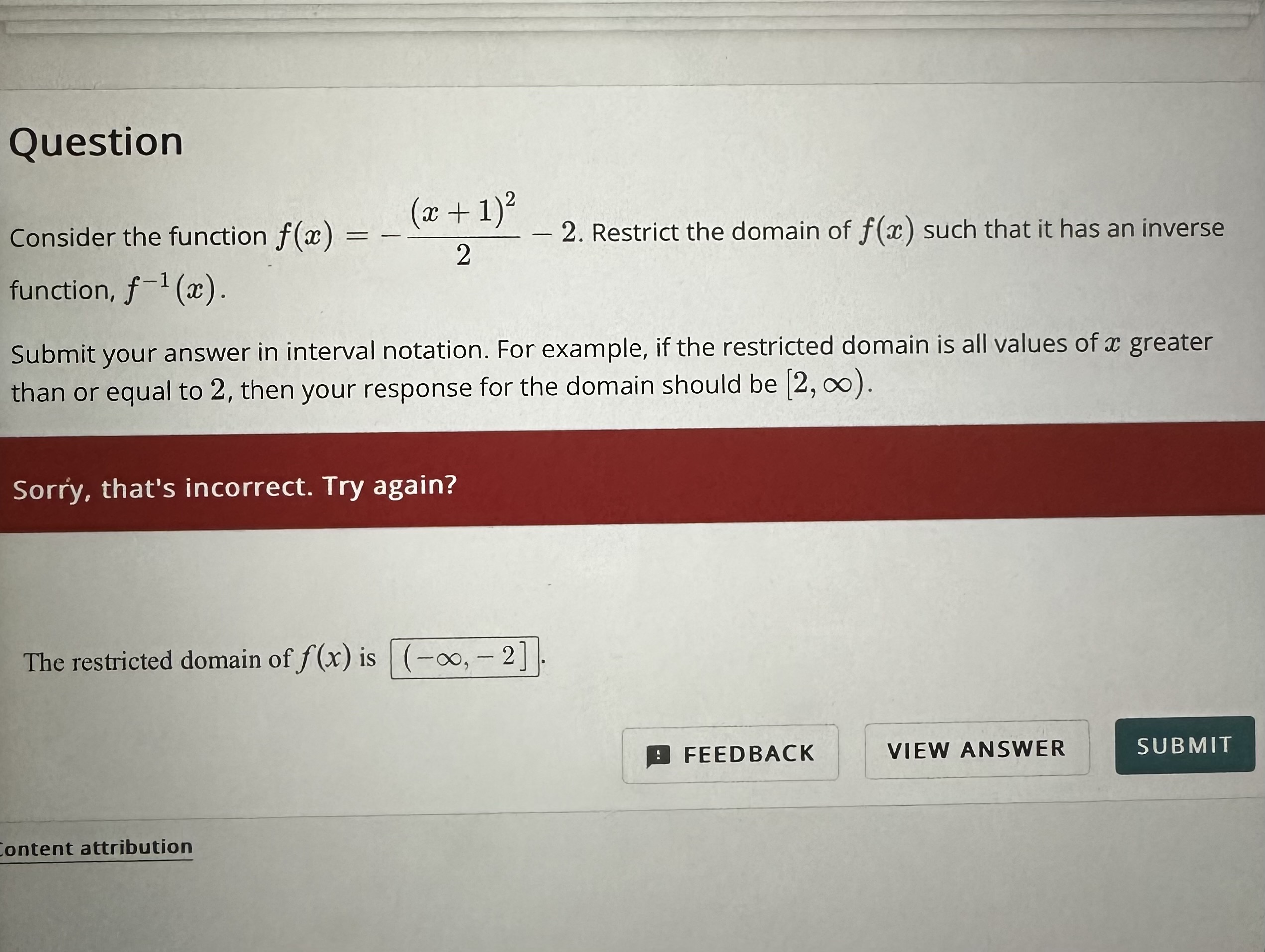 Solved Consider the function f(x)=−2(x+1)2−2. Restrict the | Chegg.com
